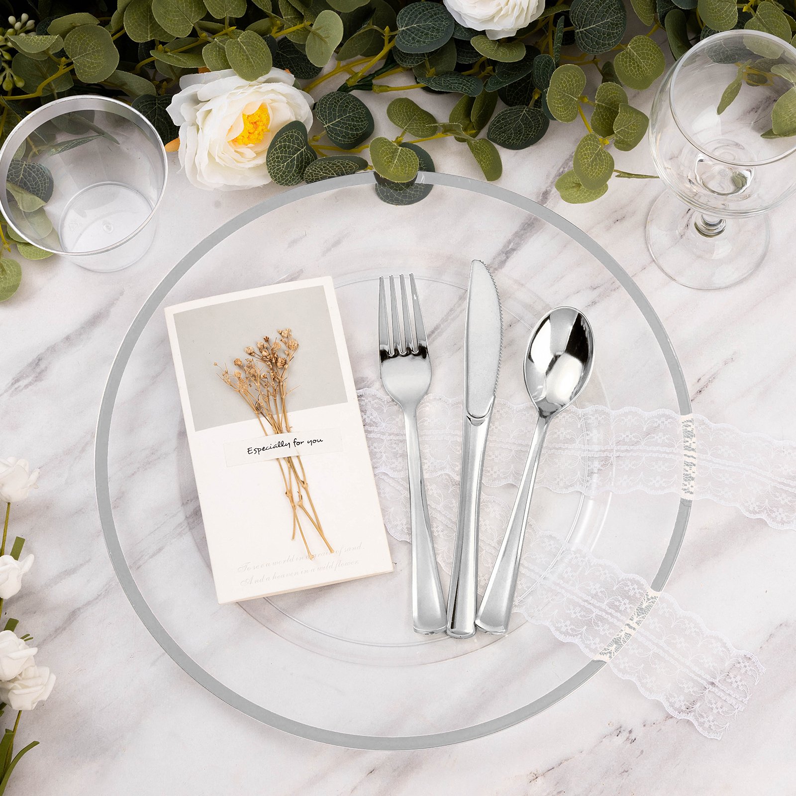 12″ Clear Plastic Charger Plates With Silver Rim - Good Luck Party
