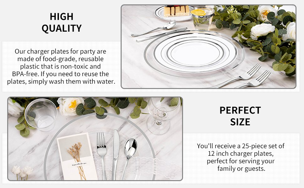12″ Clear Plastic Charger Plates With Silver Rim - Good Luck Party